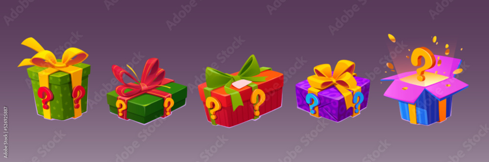 Mystery boxes, secret gifts with surprise. Signs of prize with question ...