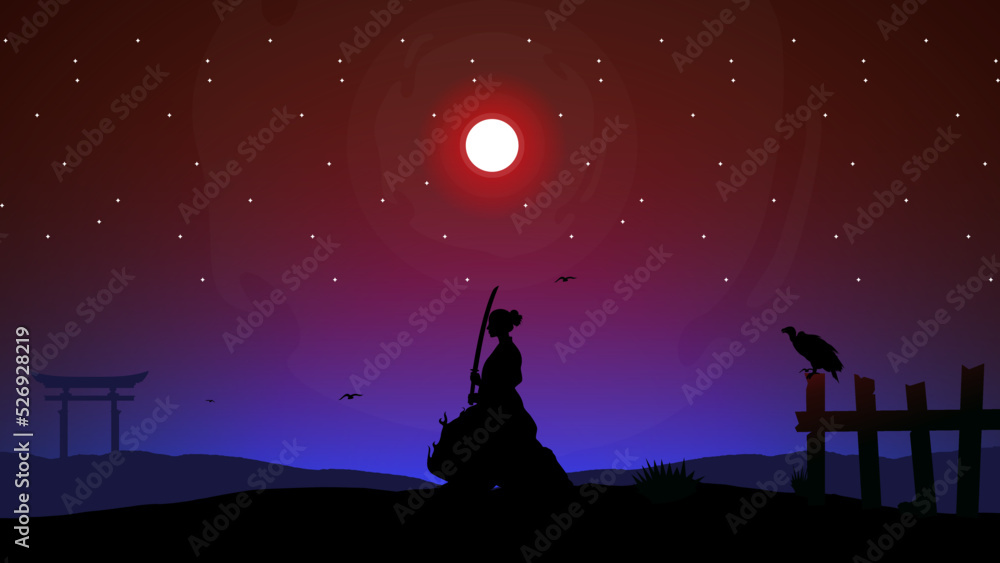 lady samurai. silhouette of a samurai in the night background. woman ...