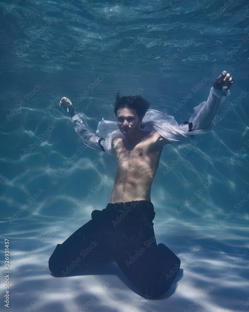 young man in a white shirt and trousers underwater in the pool Stock ...