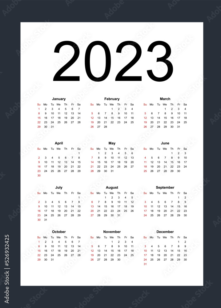 Simple editable vector calendar for year 2023. Week starts from Sunday ...