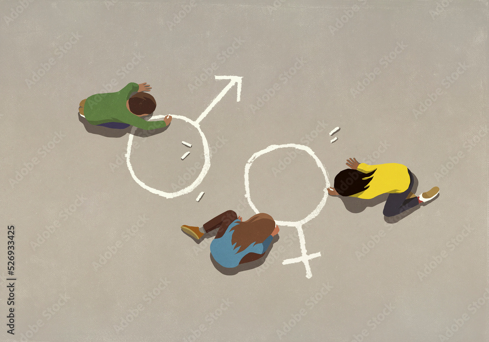 View from above kids drawing gender symbols with sidewalk chalk Stock ...