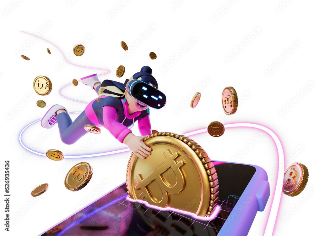 female wearing VR glasses is pulling a coin out of her smartphone. in ...