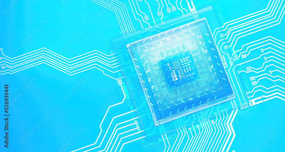 3D rendering of cyberpunk AI. Circuit board. Technology background ...
