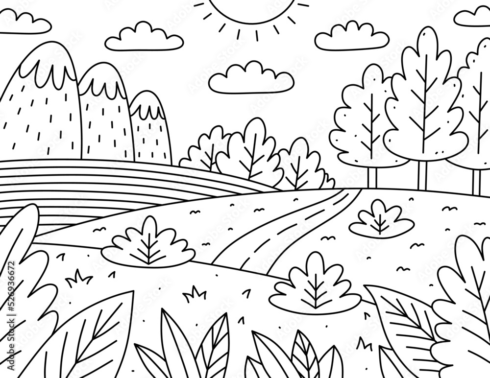 Cute kids coloring page. Landscape with clouds, mountains, field, road ...