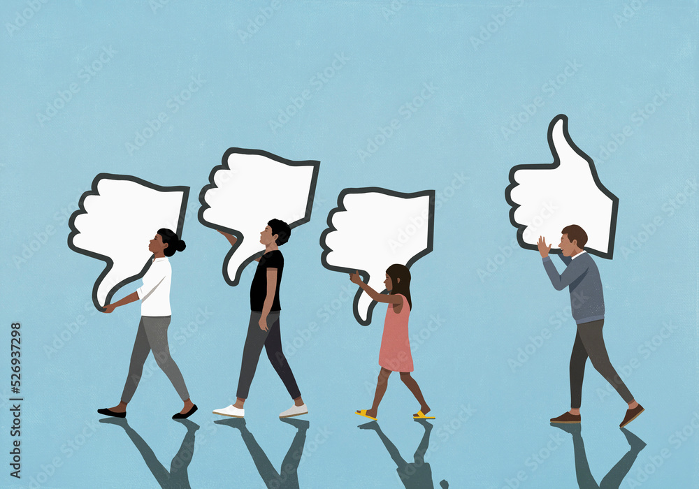 Like and dislike buttons over people walking on blue background Stock ...