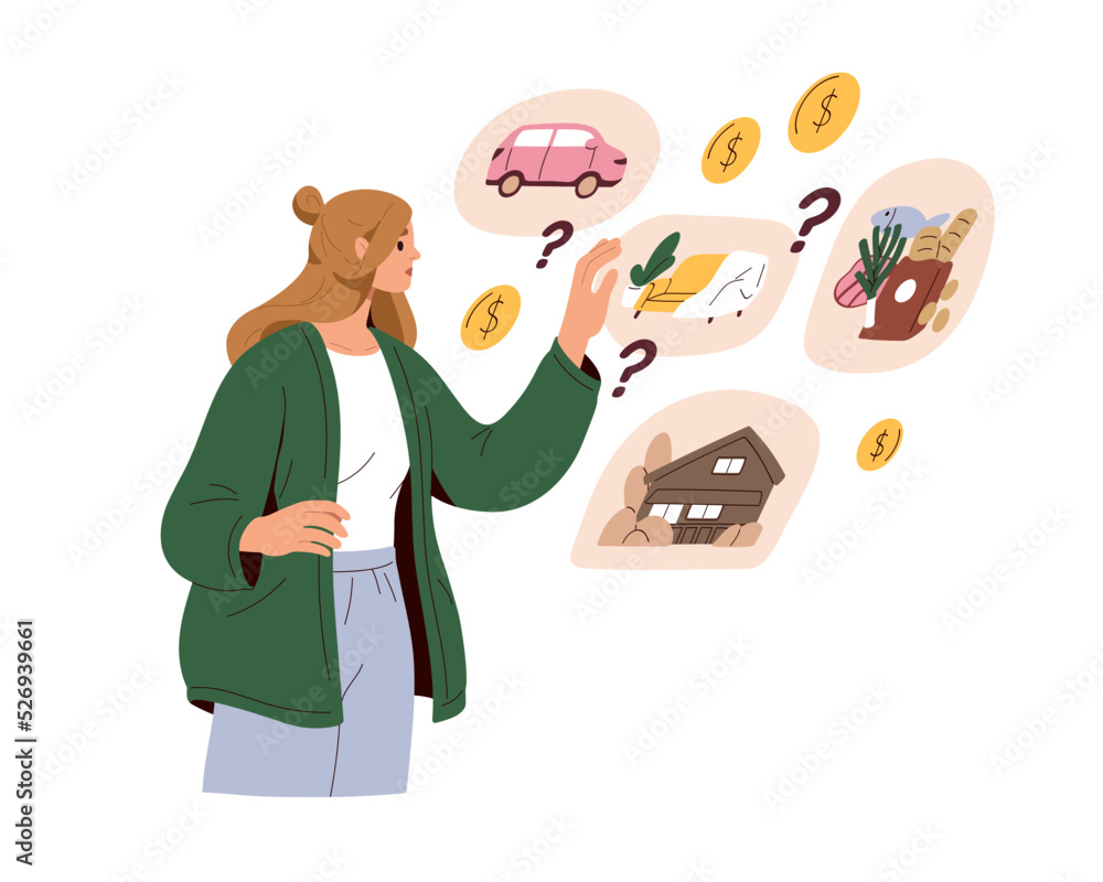 Person deciding how to spend money, planning purchases. Making choice ...
