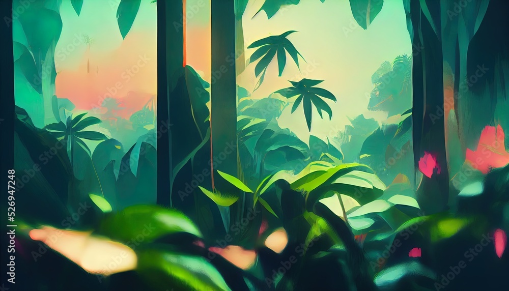 Painting of a jungle. Green landscape with trees, vines, tropical ...