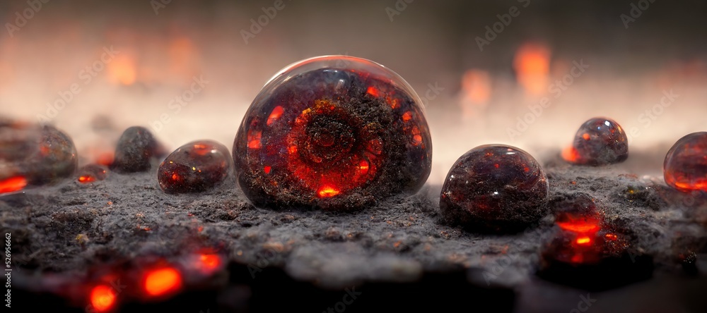 Glowing red hot lava bead spheres, black magma cooled pumice rock ...