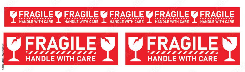 Fragile handle with care with pictrogram broken glass in red ribbon ...