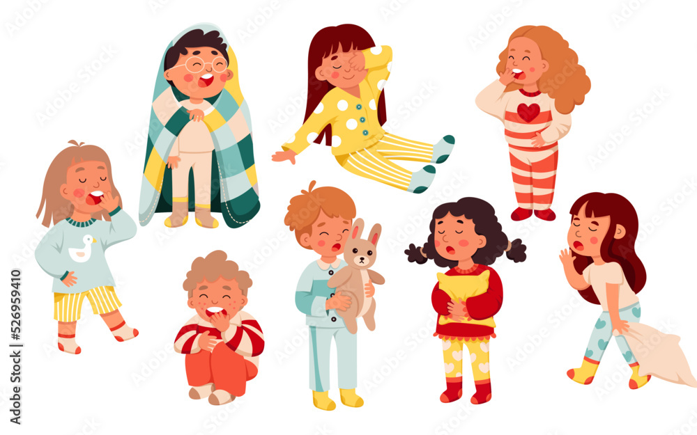 Sleepy little kids set vector illustration. Cartoon isolated girls and ...