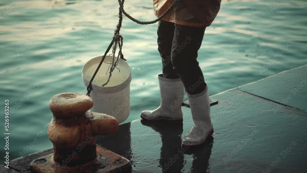 Fisherman is filling a bucket full of seawater and pulling it out on ...