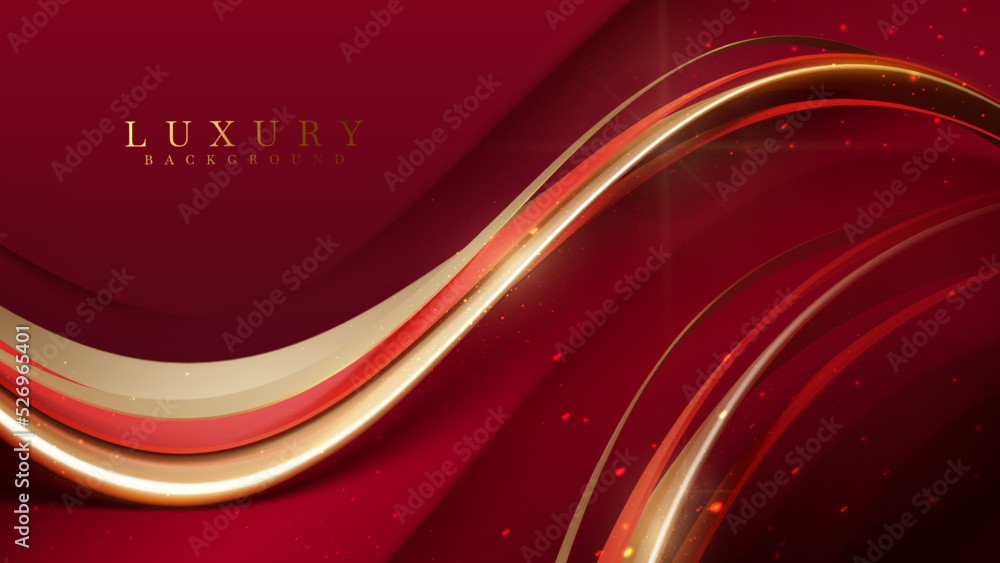 Red luxury background with golden curve decoration with glitter light ...