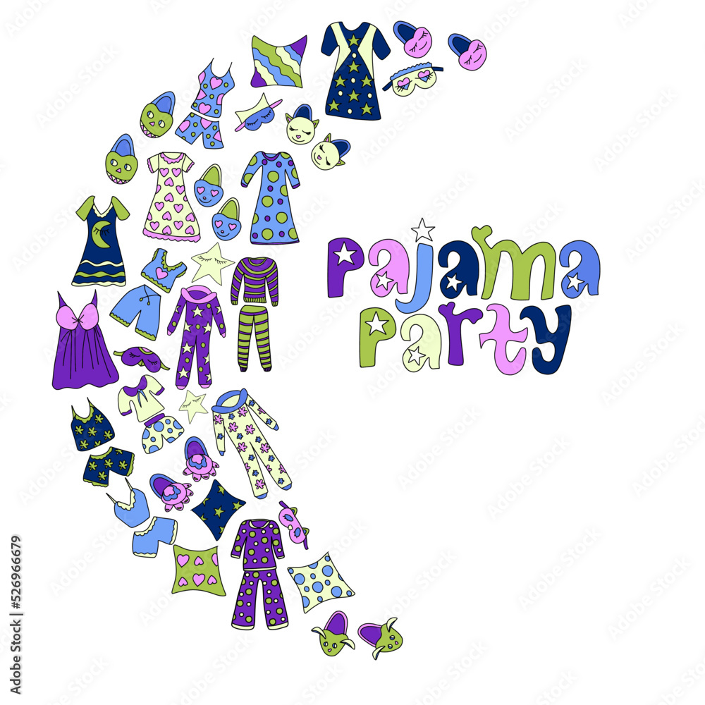 Pajama party invitation. Vector template Slumber party for kids. Set of ...