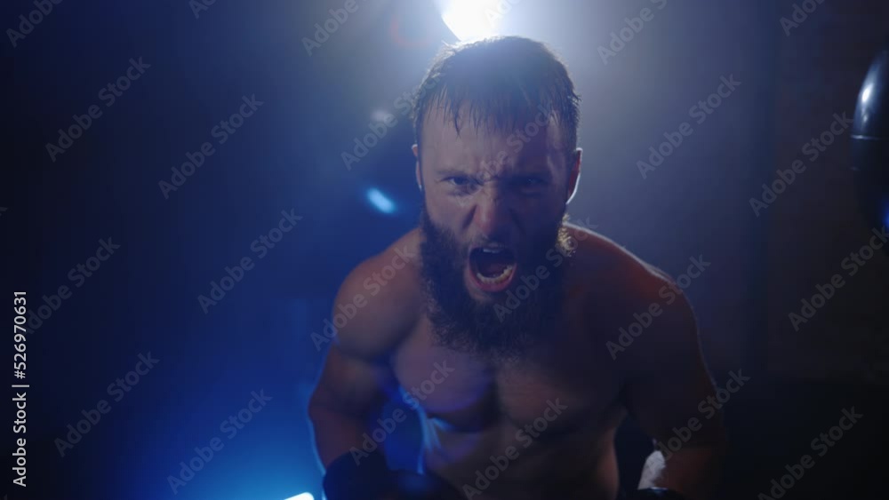 Sweaty free fighter looks at camera and screaming in the smoky boxing ...