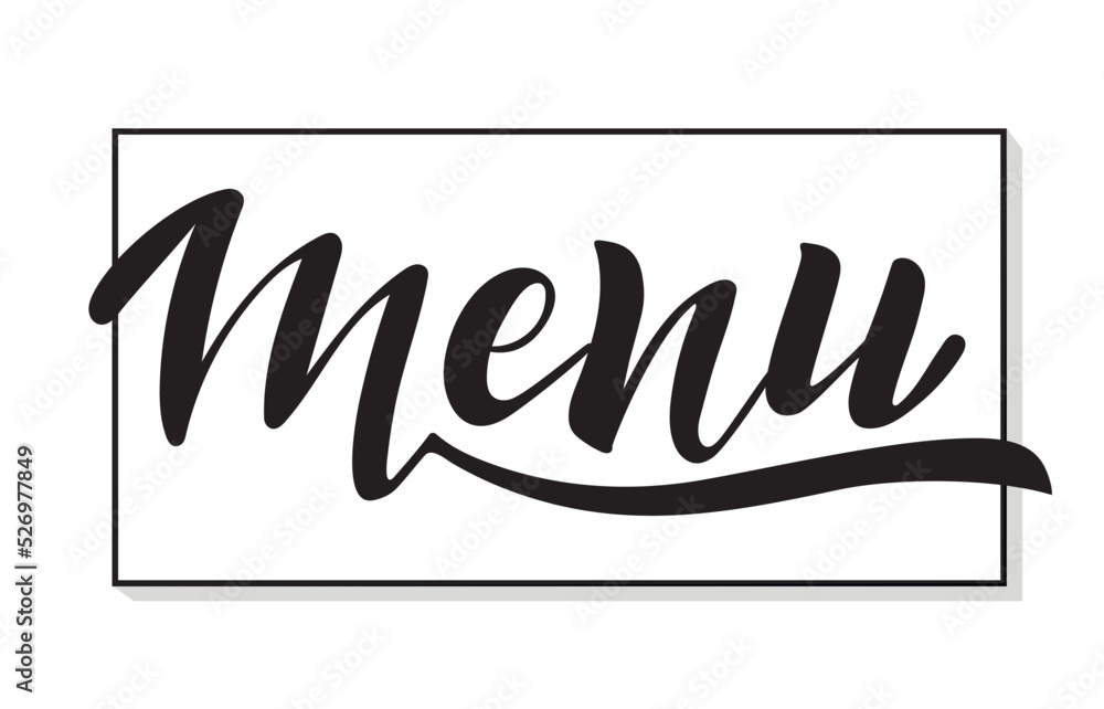 Menu logo. Black calligraphy letters in a frame with shadow. Lettering ...