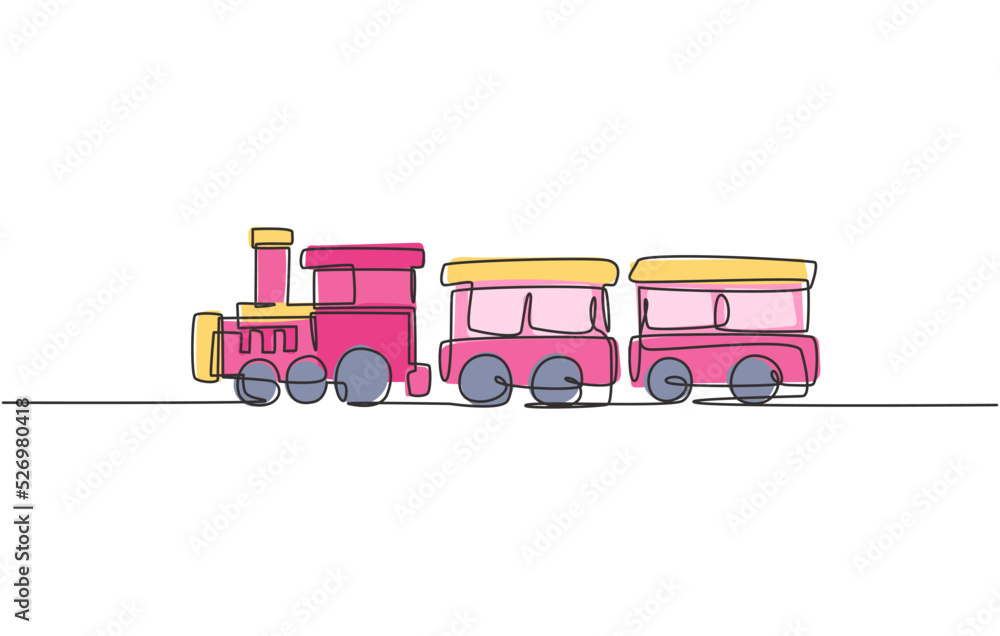 Single continuous line drawing of a locomotive train with two carriages ...