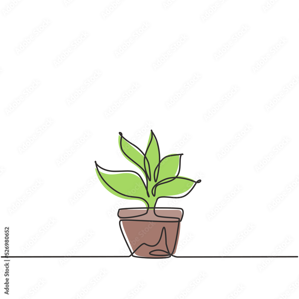 Continuous One Line Drawing Potted Plants With Five Growing Leaves Are