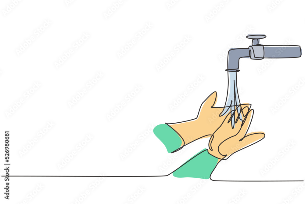 Single one line drawing of washing hands with clean water spilled from ...