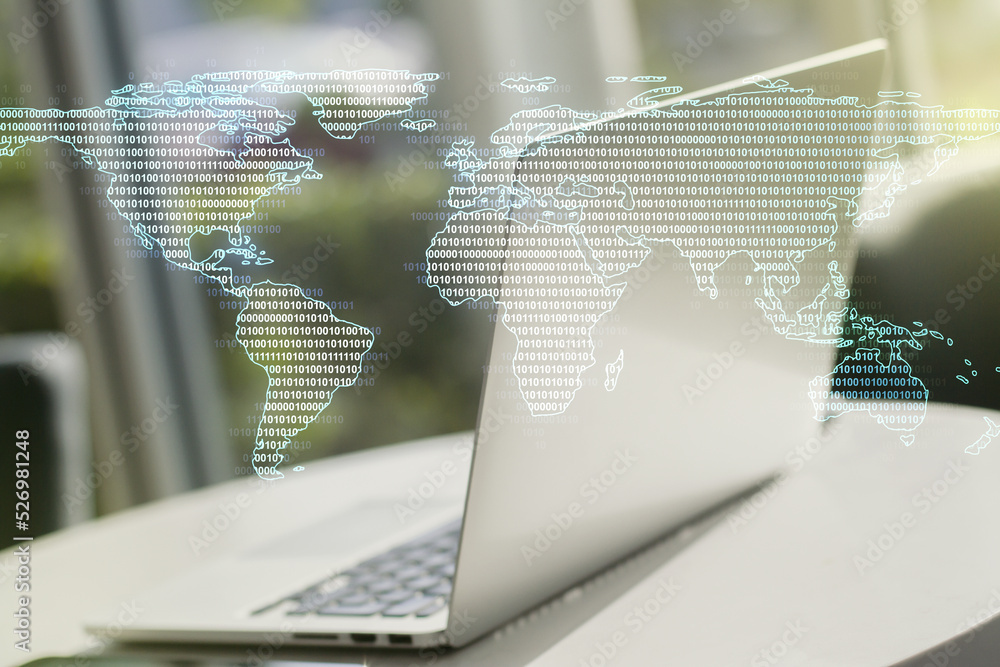 Multi exposure of abstract graphic world map on modern computer ...