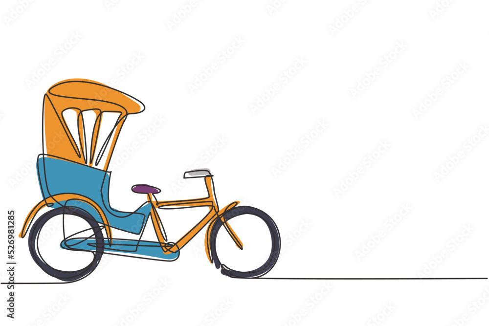Single continuous line drawing the cycle rickshaw seen from the side ...