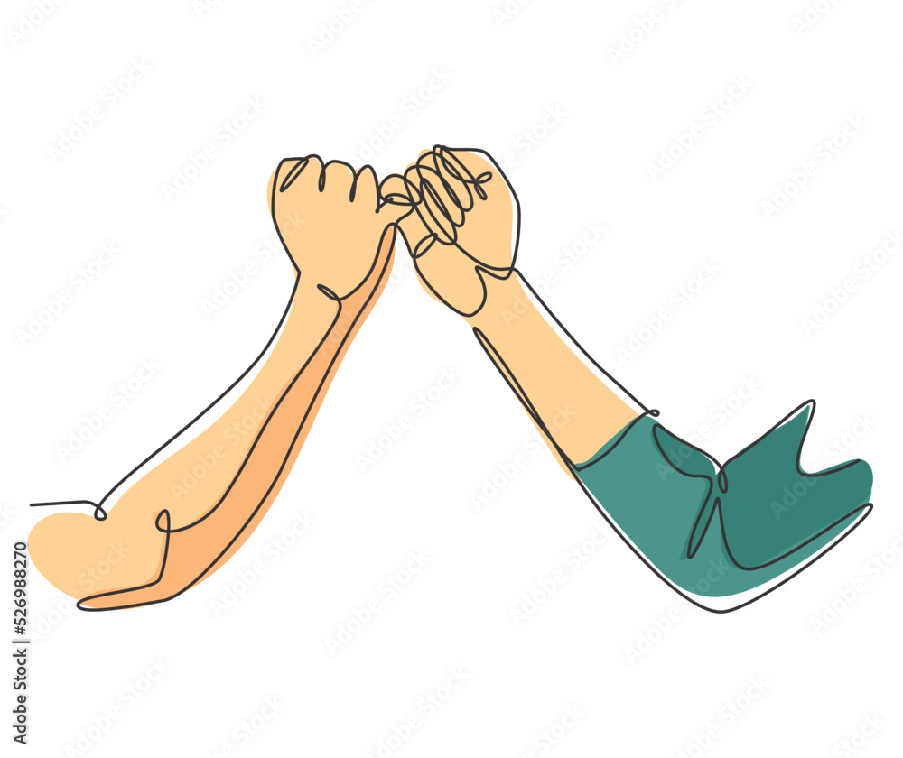One line drawing of two hands hook each other their little fingers ...