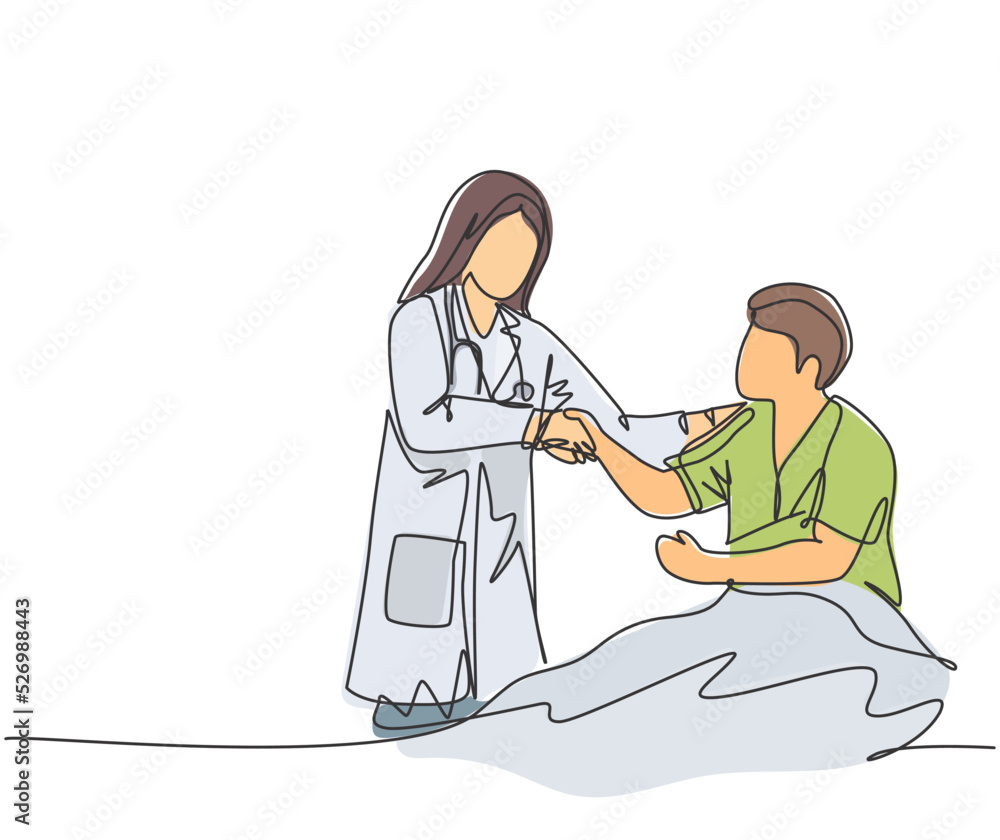 Continuous line drawing of young happy female doctor visit a patient ...