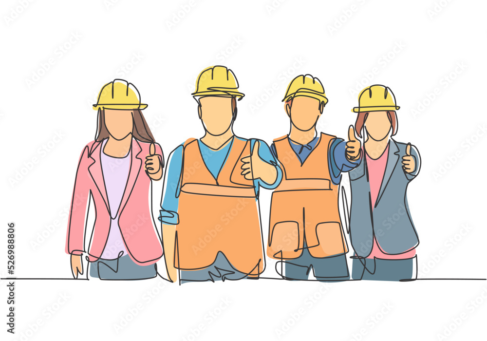One line drawing of young happy male and female building builder groups ...