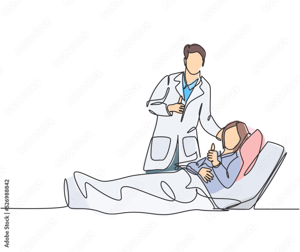 One line drawing of young happy doctor visiting patient who are lying ...