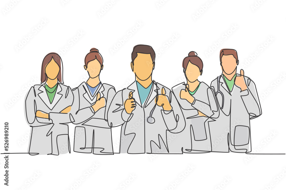 One line drawing of groups of young happy male and female doctors ...