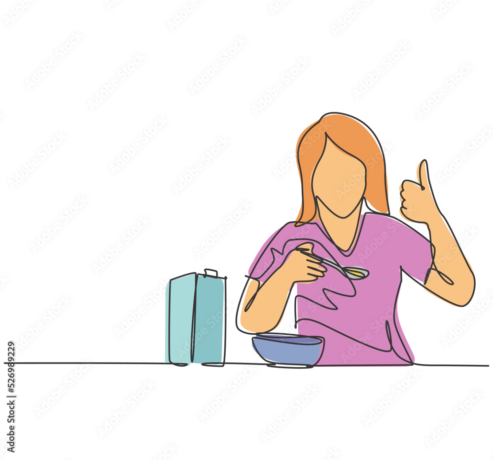One line drawing of young happy woman eating breakfast with cereal and ...