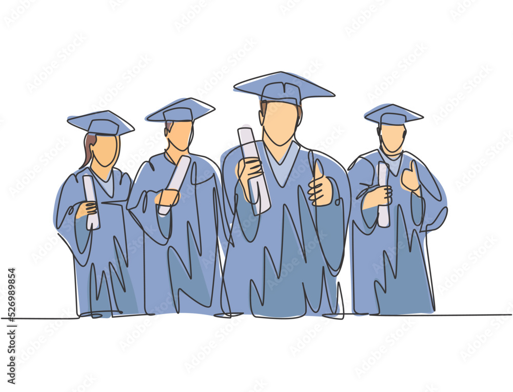 One line drawing group of young happy graduate male and female college ...