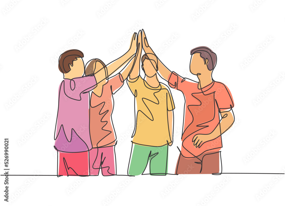 One line drawing group of man and woman celebrating their successive ...