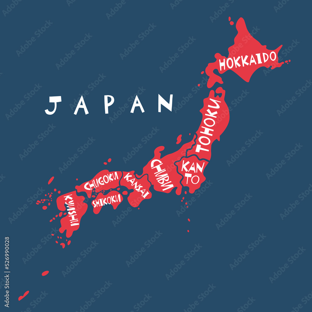 Vector hand drawn stylized map of Japan regions. East map element ...