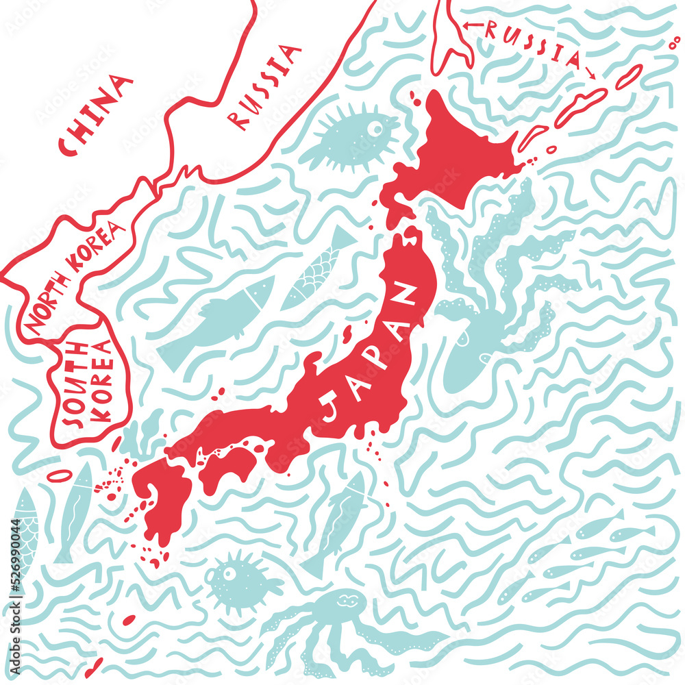 Vector hand drawn stylized map of Japan. East map element. Japanese ...