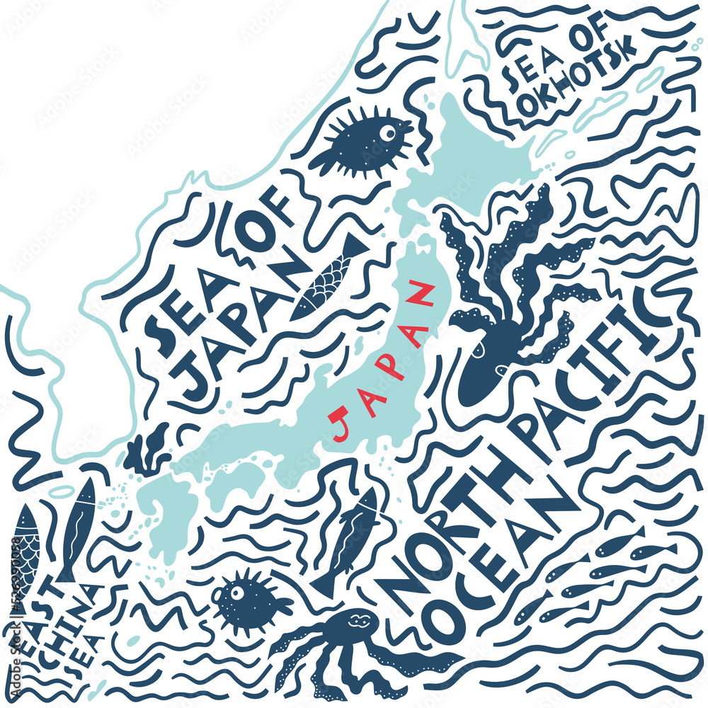 Vector hand drawn stylized map of Japan. East map element. Japanese ...