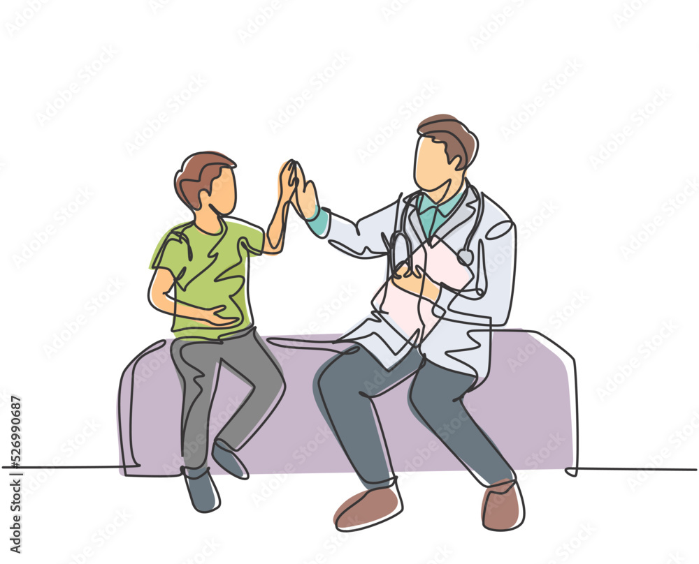 Single line drawing of young happy male doctor checking up sick patient ...