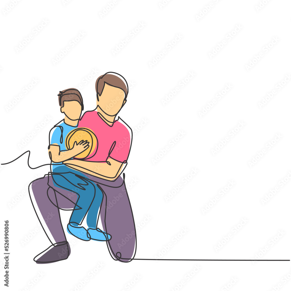Single line drawing of young happy father hugging her child that ...