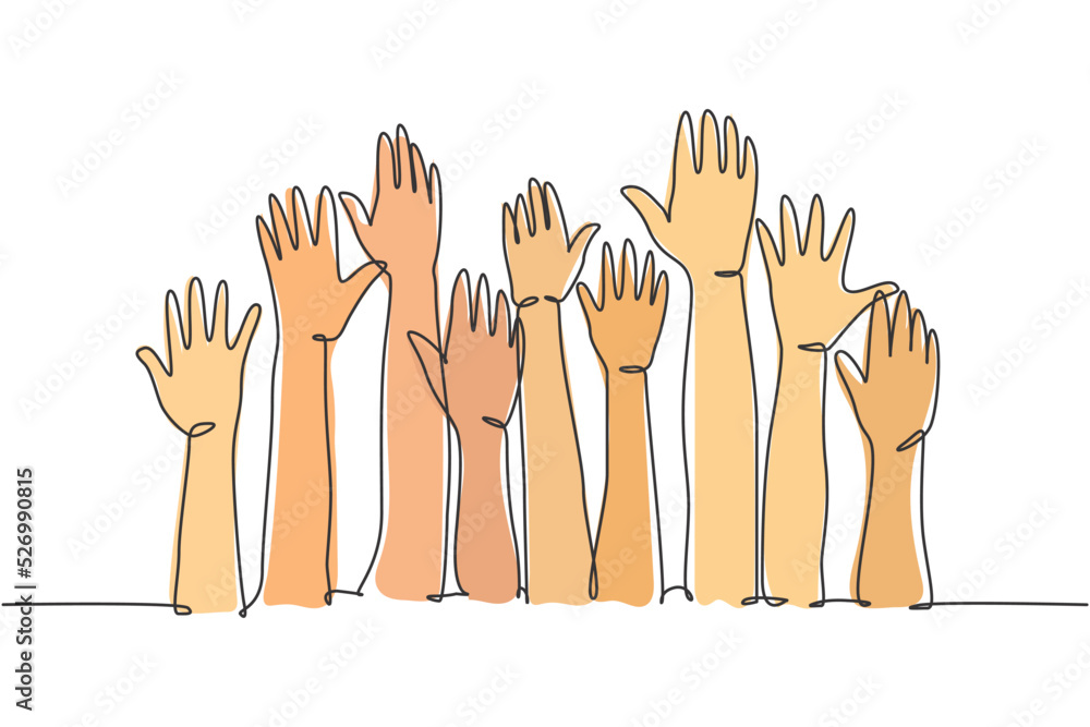 One single line drawing of group of people open up and raising their ...