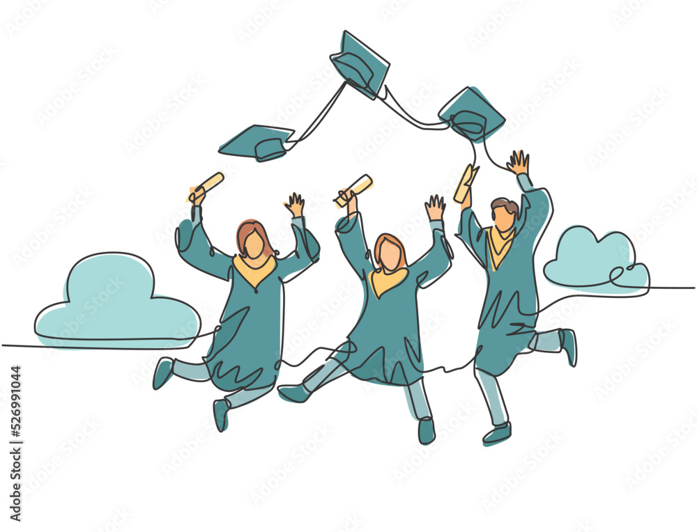 One line drawing group of young happy graduate male and female college ...