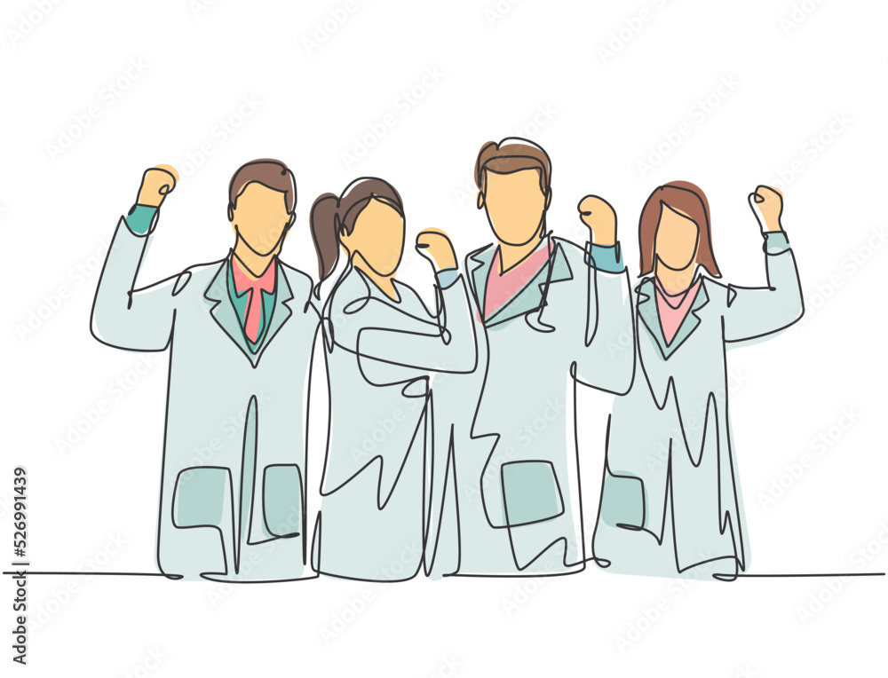 Single continuous line drawing of group of male doctor and female ...