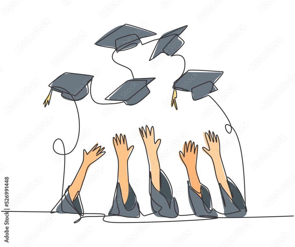 One single line drawing of group of college student throw their cap to ...