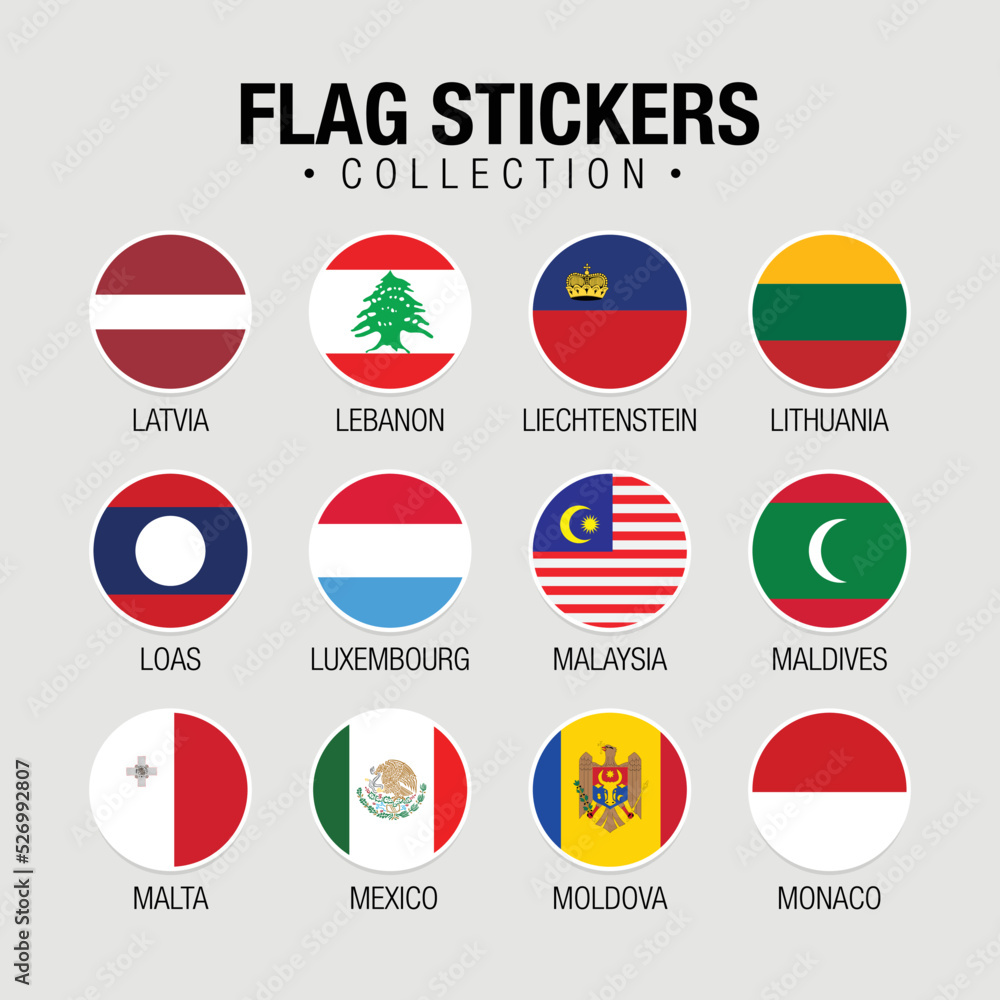 Vetor de National Flags Of The World Stickers With Names. Circled Flags ...