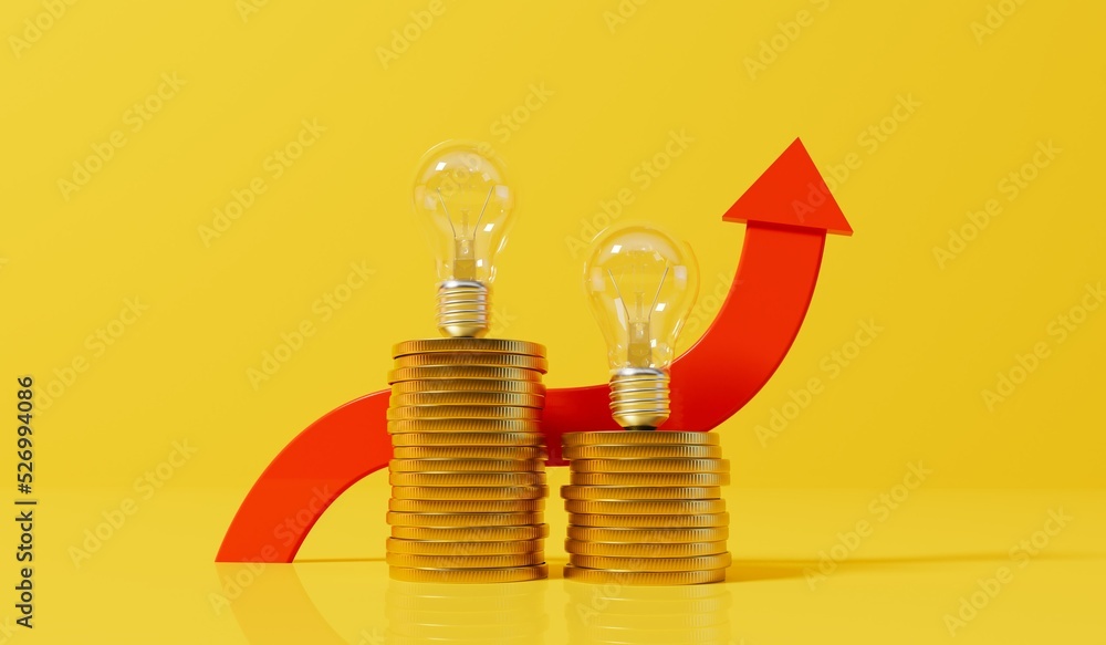 Rising energy cost concept. Light bulb on top of a stack of gold coins ...