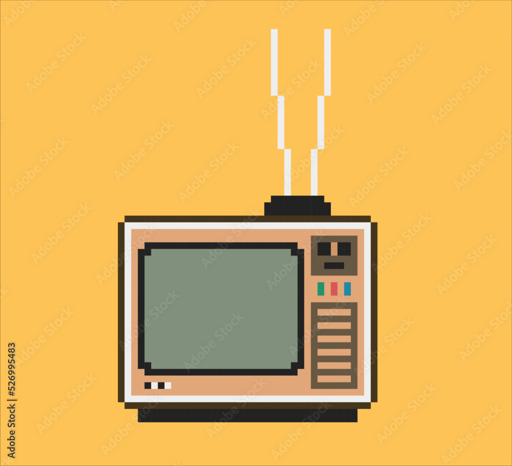 Old analogue TV with antenna. Pixel art vector illustration. Red, green ...