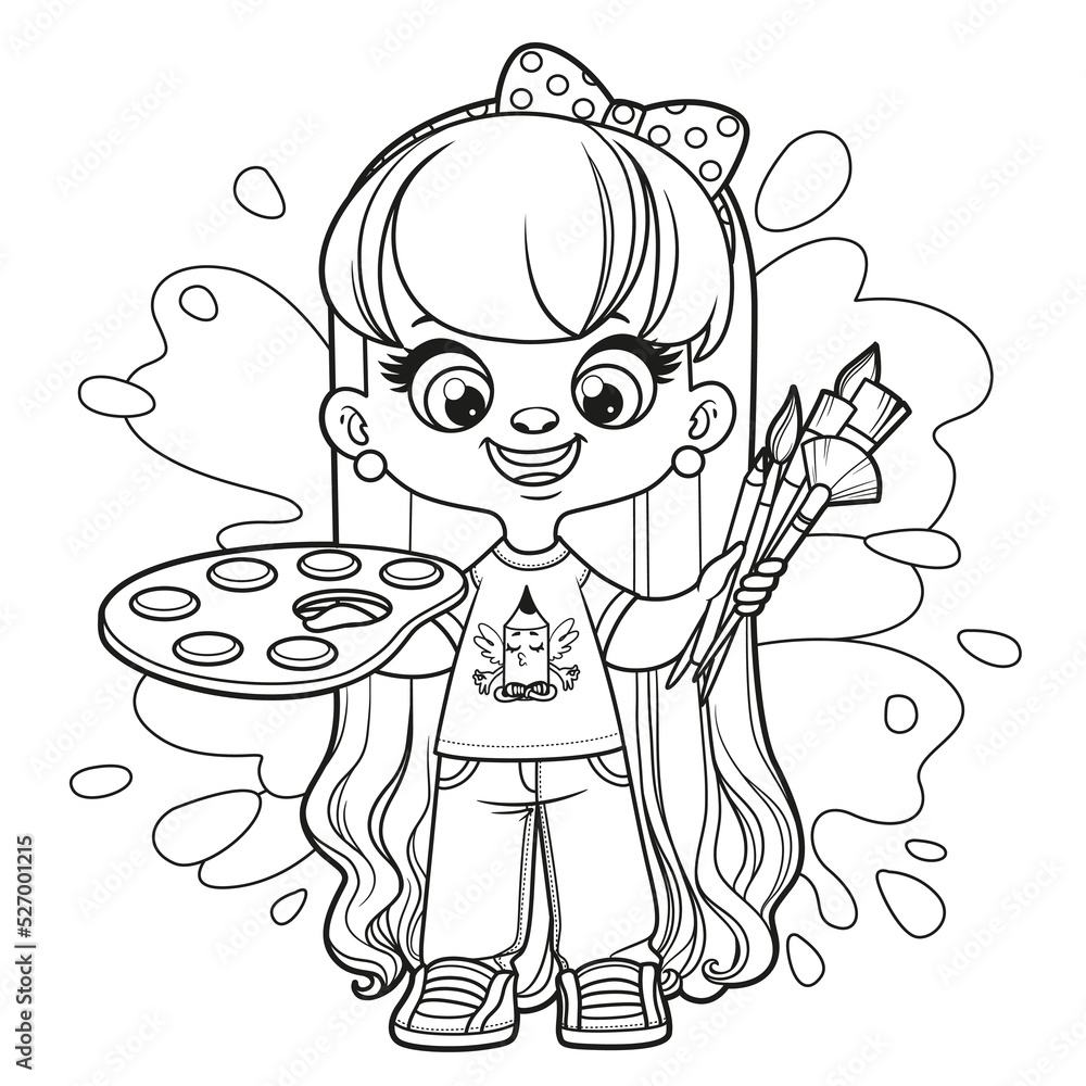 Cute cartoon long haired girl holding the palette with paints and ...