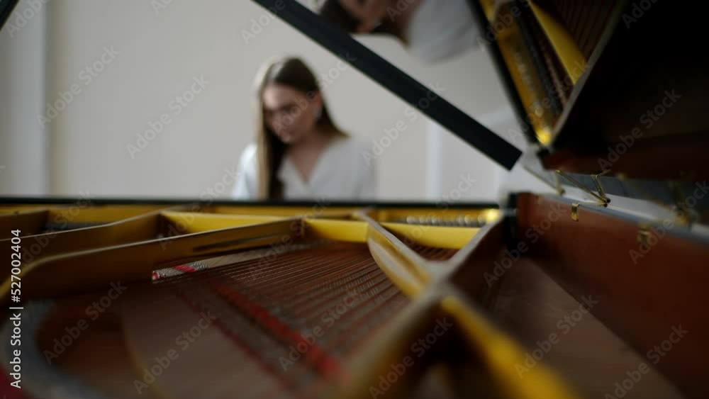 Selective focus view from open lid of music instrument to attractive ...