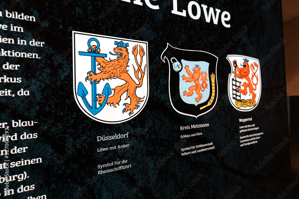 22 July 2022, Dusseldorf, Germany: Lion in various German Coat of Arms ...
