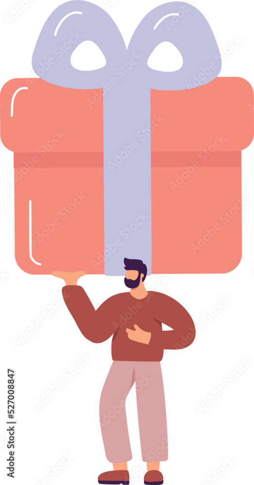 Cheerful tiny vector man carrying huge present box overhead. Male ...
