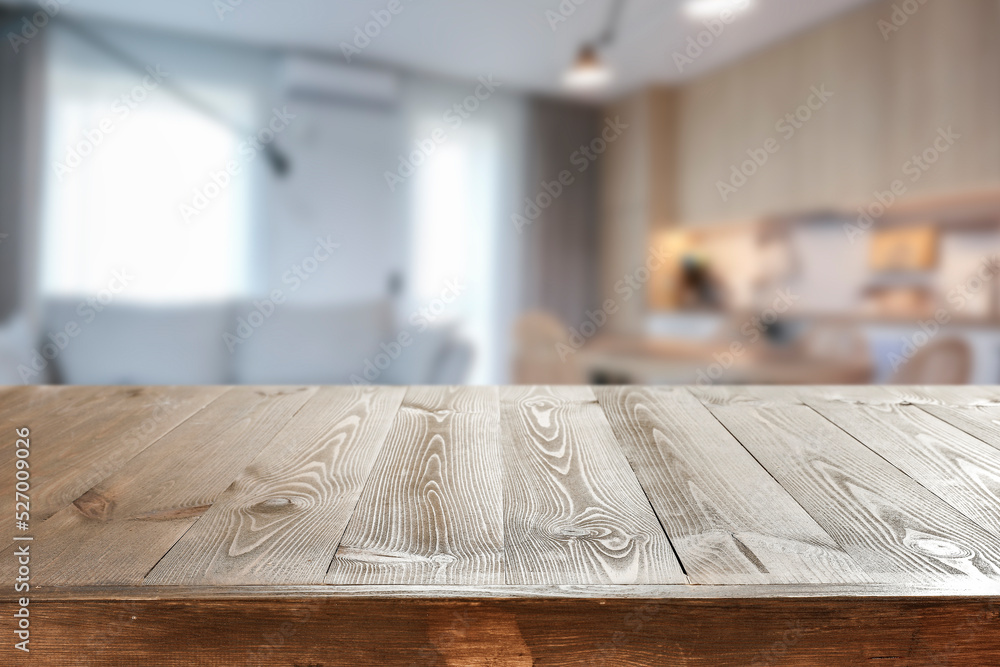 Wooden table with a vacant space on a window background on a beautiful ...