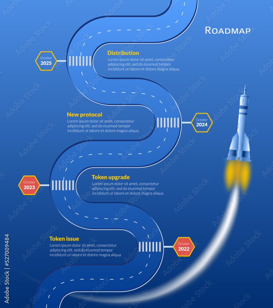 Roadmap with winding road and stop signs on stages on blue background ...